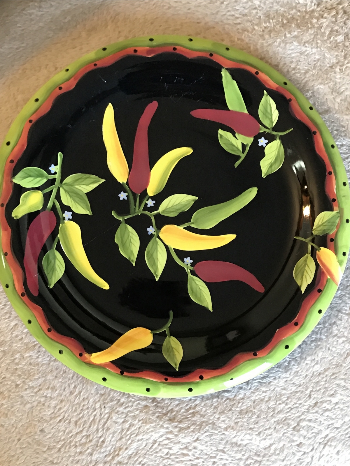 LAURIE GATES WARE PEPPERS/DOTS BLACK, GREEN/ORANGE TRIM: 2 DINNER ...