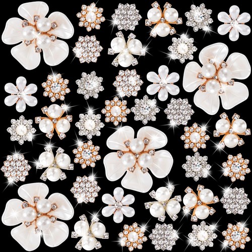 HINZIC 40 PCS Pearl Rhinestone Buttons Flower Brooch Pin 40pcs, Gold ...