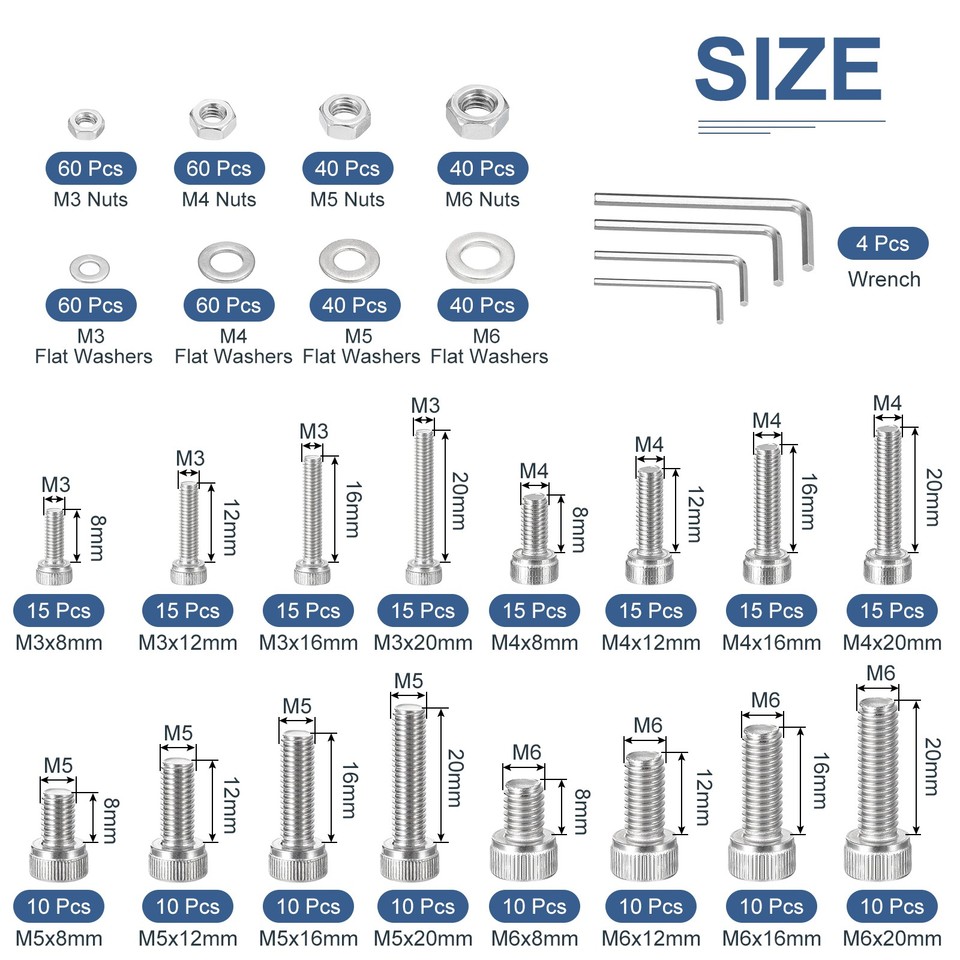 600Pack M3/M4/M5/M6x8/12/16/20mm(DxL) Hex Socket Head Cap Bolts Screw ...