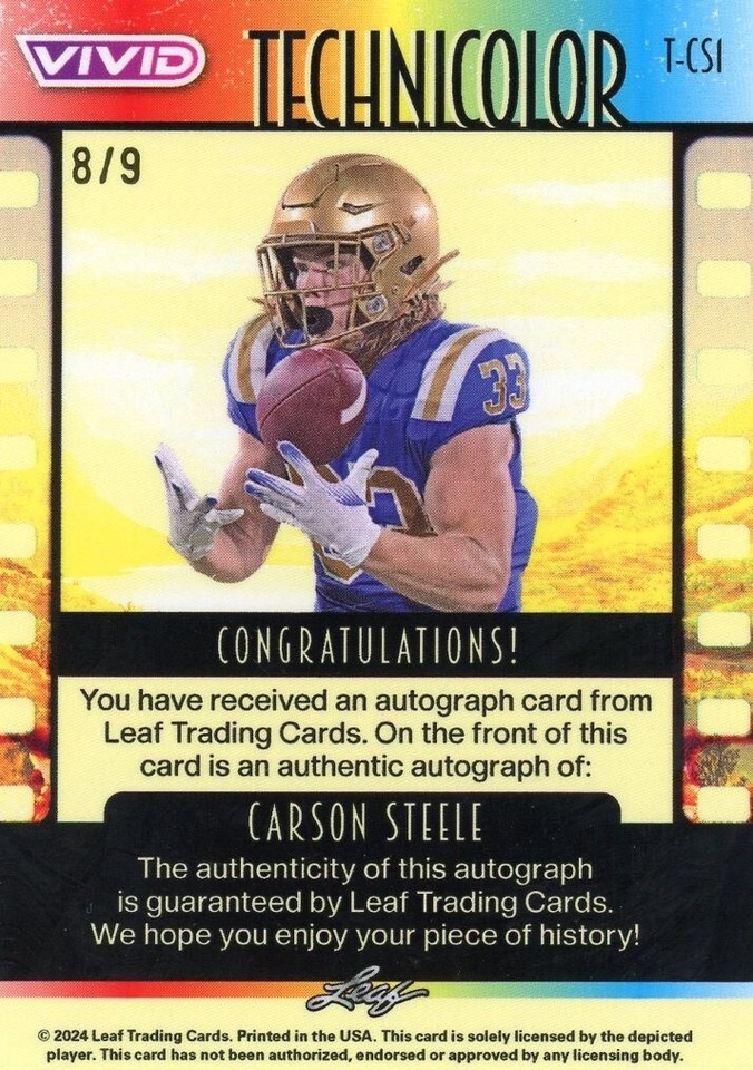 Carson Steele 2024 Leaf Vivid Technicolor autograph RC /9 UCLA Bruins ...