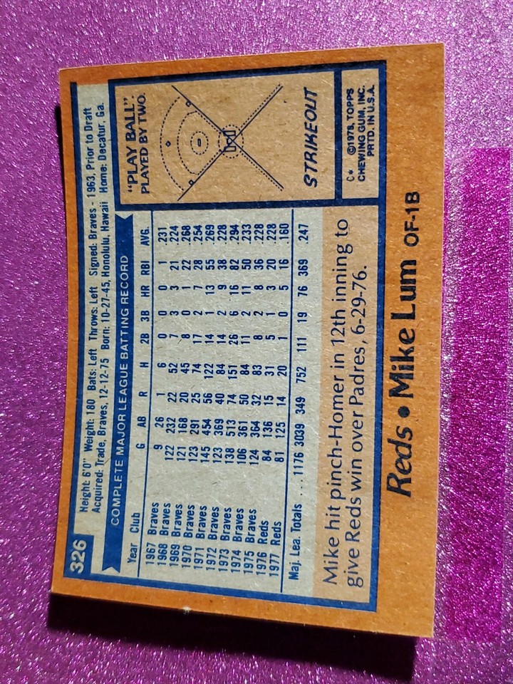 1978 Topps Mike Lum Cincinnati Reds #326 Braves | eBay