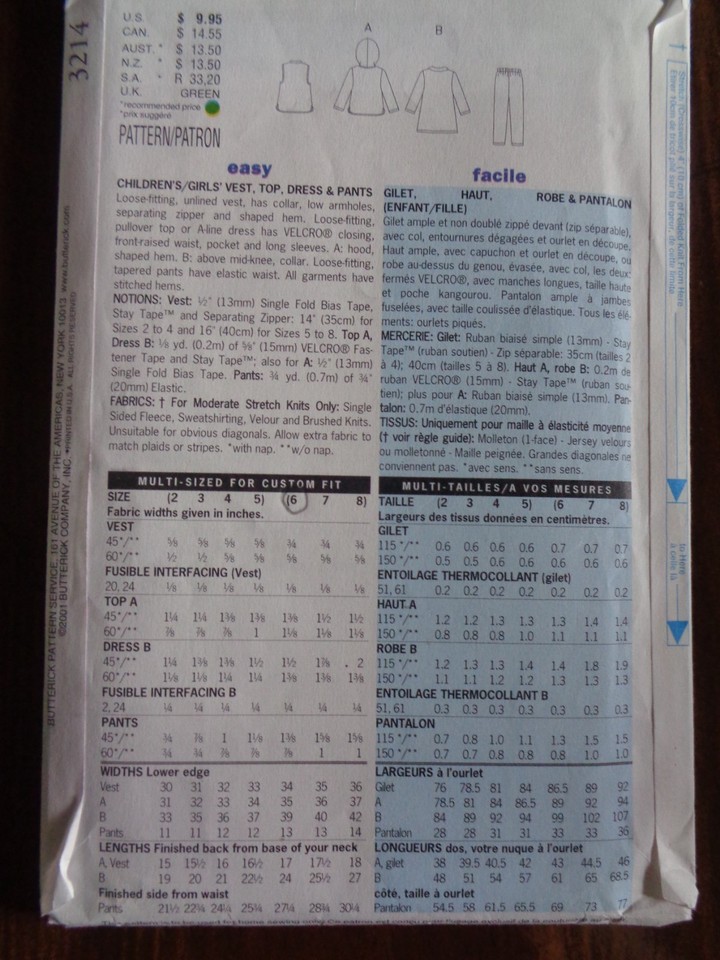BUTTERICK 3214 SEW PATTERN EASY GIRLS VEST TOP DRESS PANTS 6-8 UNCUT | eBay