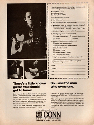 vtg 70s JERRY HAHN CONN F-27 MAGAZINE PRINT AD Acoustic Guitar Pinup ...