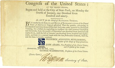 THOMAS JEFFERSON - SIGNS AN ACT OF THE SECOND CONGRESS - 1790 - SIGNED ...