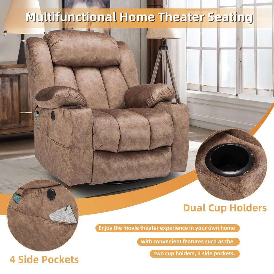 360° Swivel Overstuffed Manual Massage Glider Recliner with Heat and ...