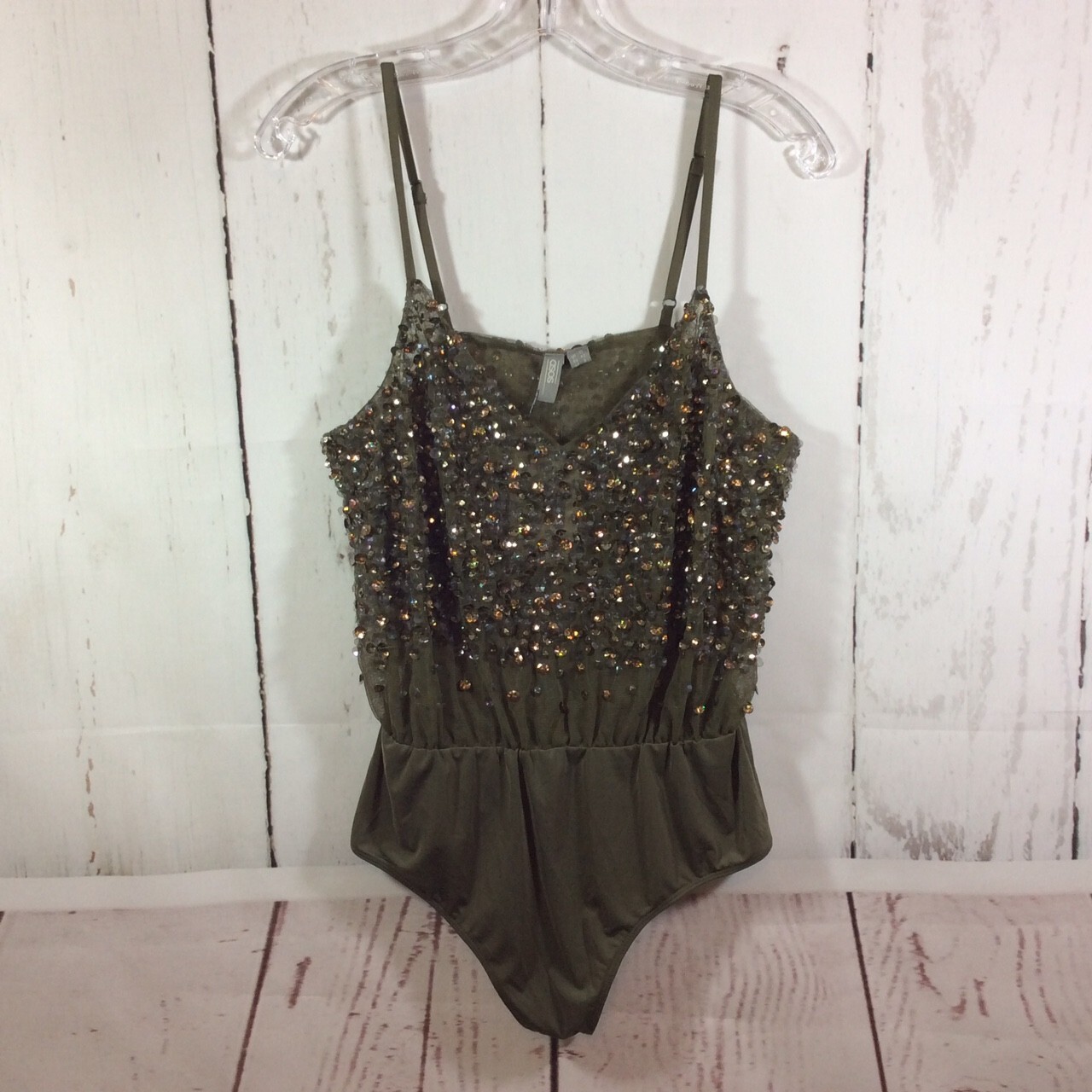 Asos Jeweled Bodysuit Womens Size 8 Green Embellished Sheer Mesh ...