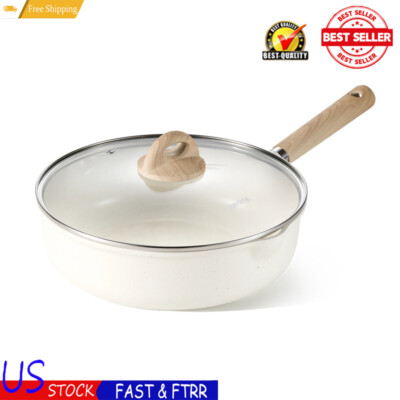 5 Qt Nonstick Saute Pan W/ Glass Lid Cookware Low Oil Cooking Bake Wok ...