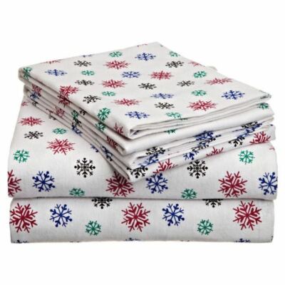 Twin XL Full Queen Cal King Bed Red Blue Snowflakes 4pc Cotton Flannel ...
