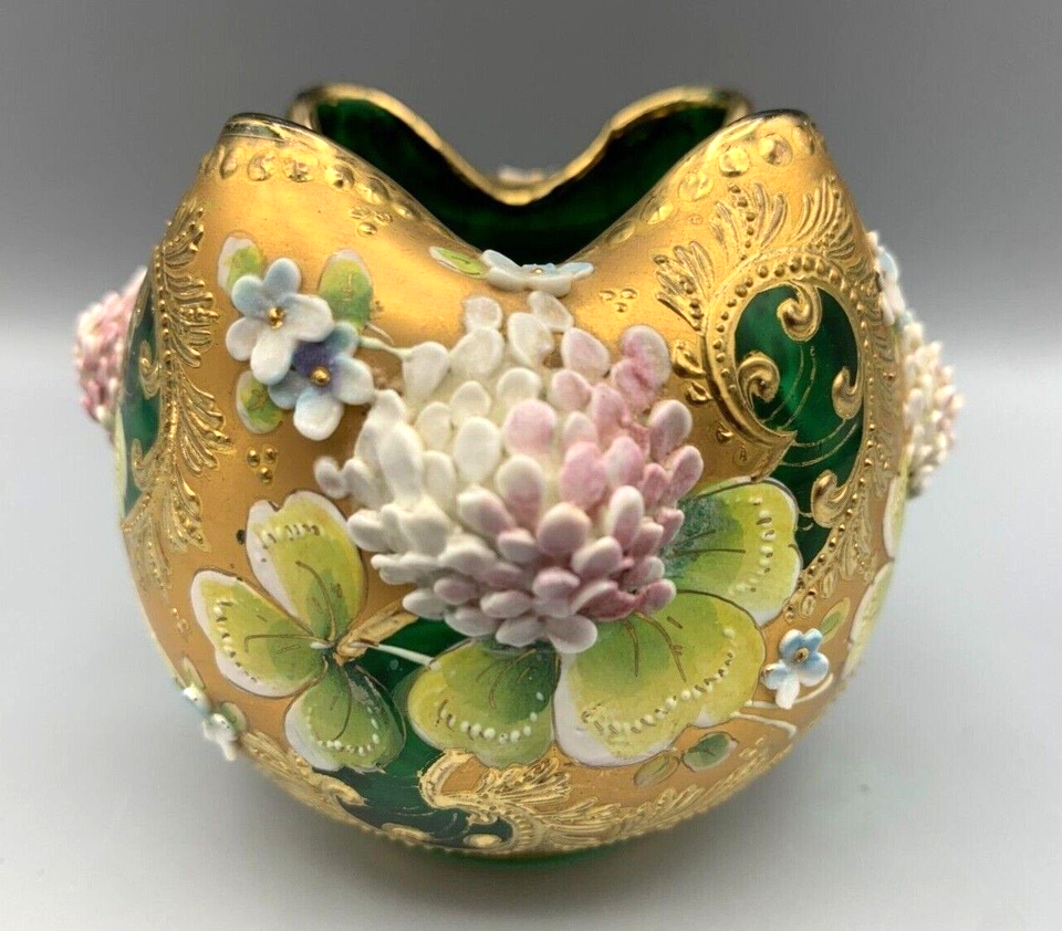 ART GLASS VASE BOWL BOHEMIAN MURANO MOSER CZECH ENAMELED GOLD GILT TRE ...