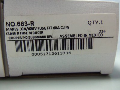 New Bussmann Buss 663-R Class R Fuse Reducers 60 amp To 30 Amp 600V NIB ...