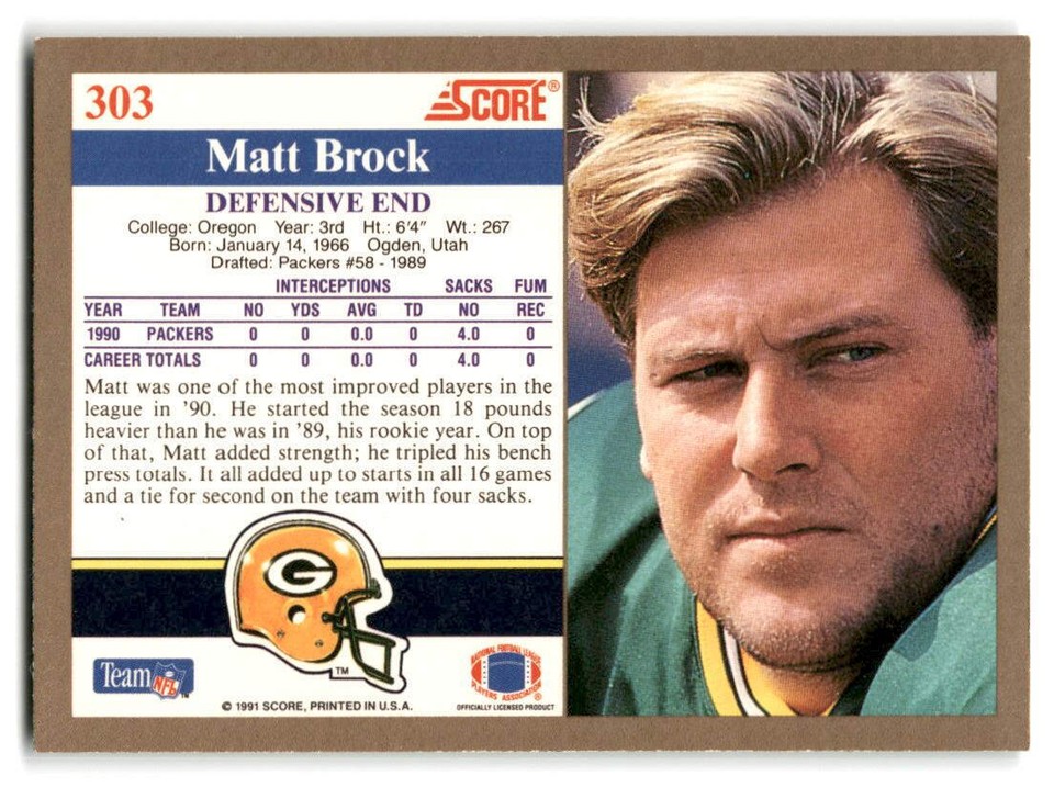 Matt Brock 1991 Score #303 Green Bay Packers BASEBALL | eBay
