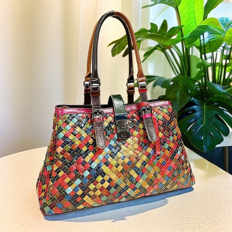 Womens Multi-color Leather Hand-woven Handbag Shoulder Messenger Bags ...