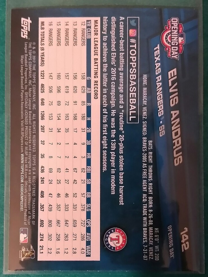 2017 TOPPS OPENING DAY BLUE FOIL ELVIS ANDRUS #142 TEXAS RANGERS TEX ...