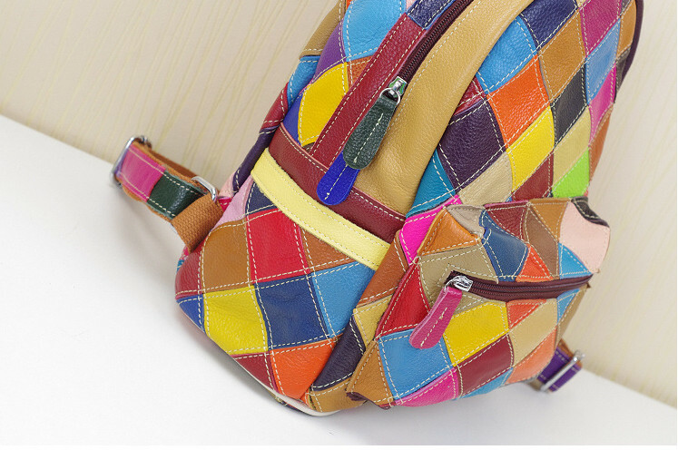 Fashion Genuine Leather Multi-Color Contrast Pattern Backpack Purse for ...