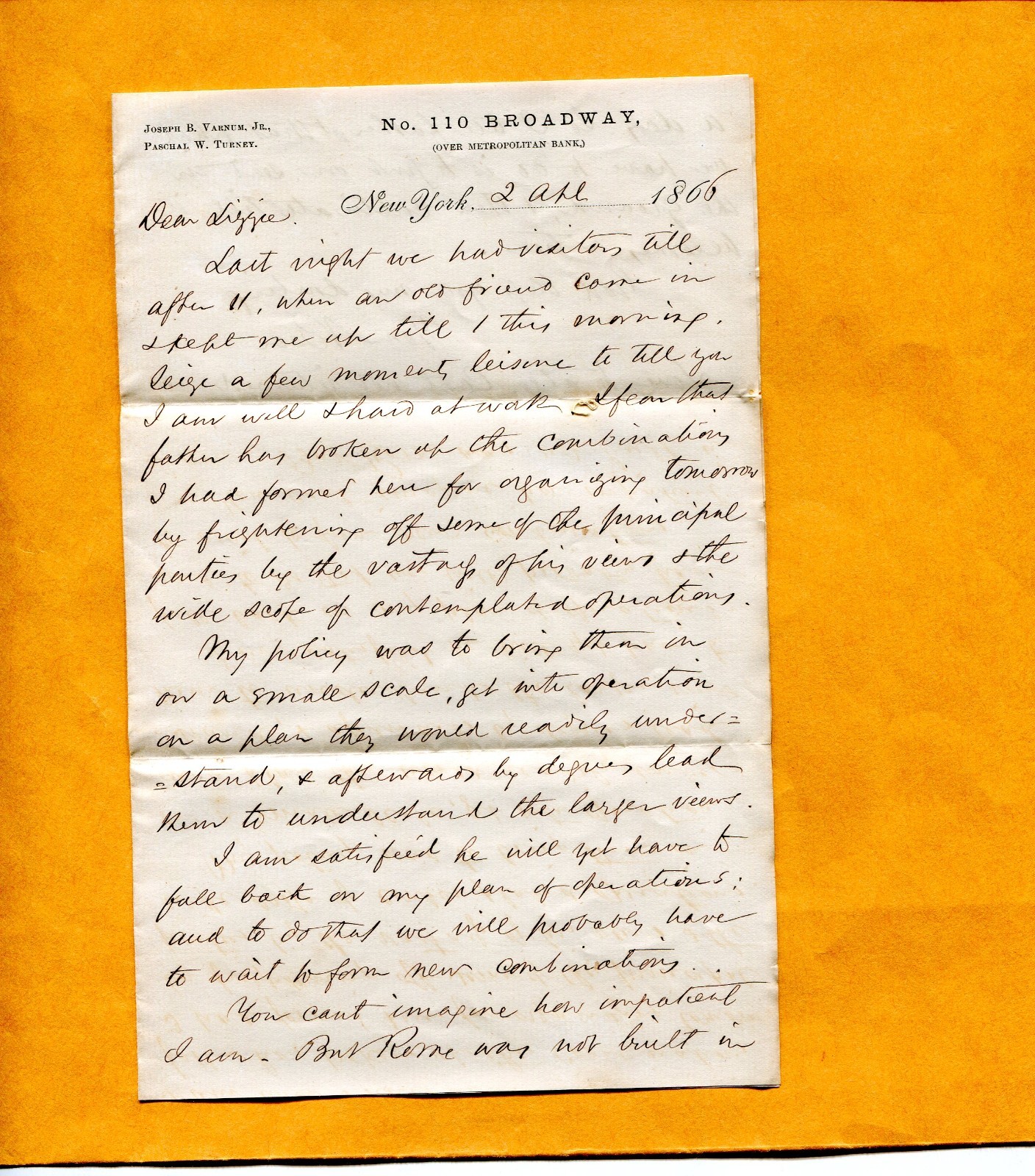 1866 LETTER BEN WATERS TO WIFE LIZZIE LEXINGTON KY ON NY LETTERHEAD ...