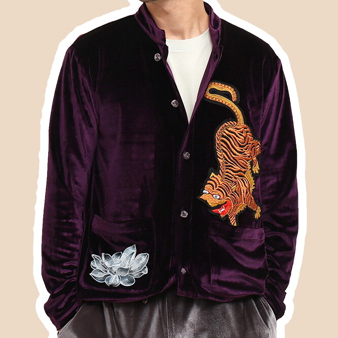 Mens Casual Long Sleeve Velvet Shirt Japanese Pattern Embroidery Ukiyoe ...