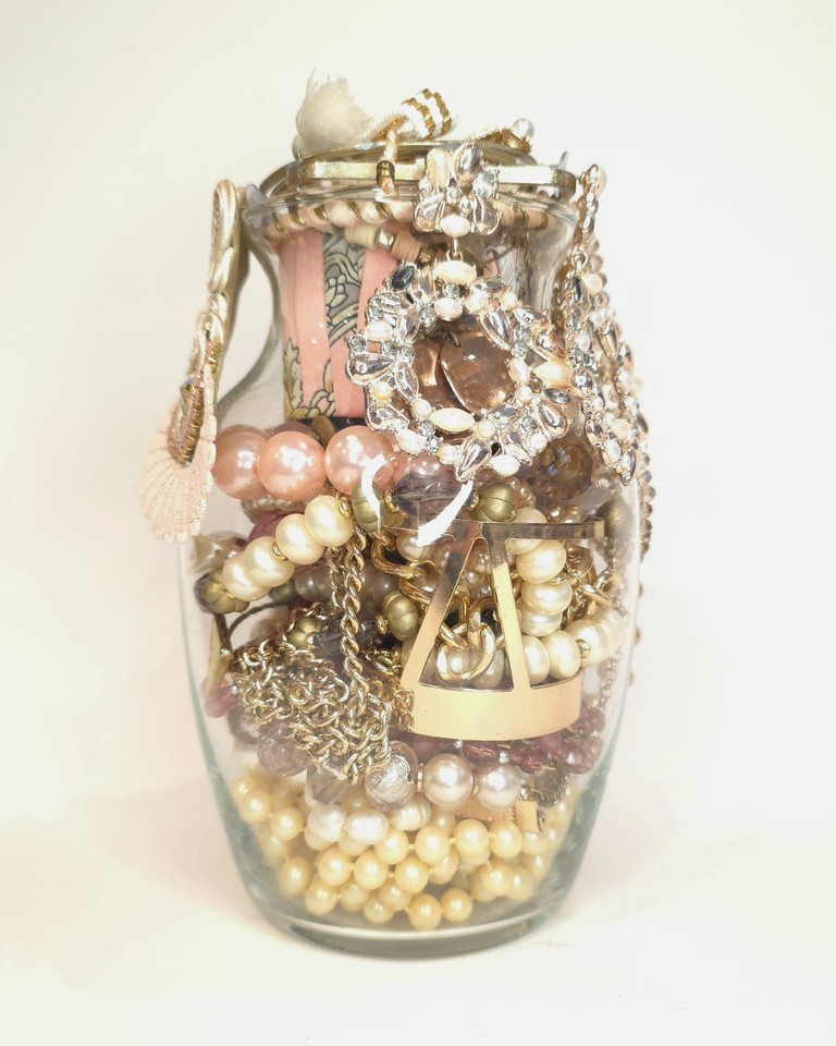 Pink Pearls Gold Tone Curated Mystery Jewelry Jar Vintage-Modern 2Lb ...
