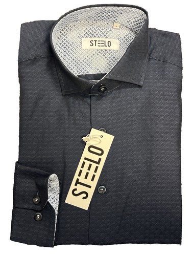 Men STEELO COLORFUL NAVY BLUE Long Sleeve Button Up Dress Shirt SILKY ...