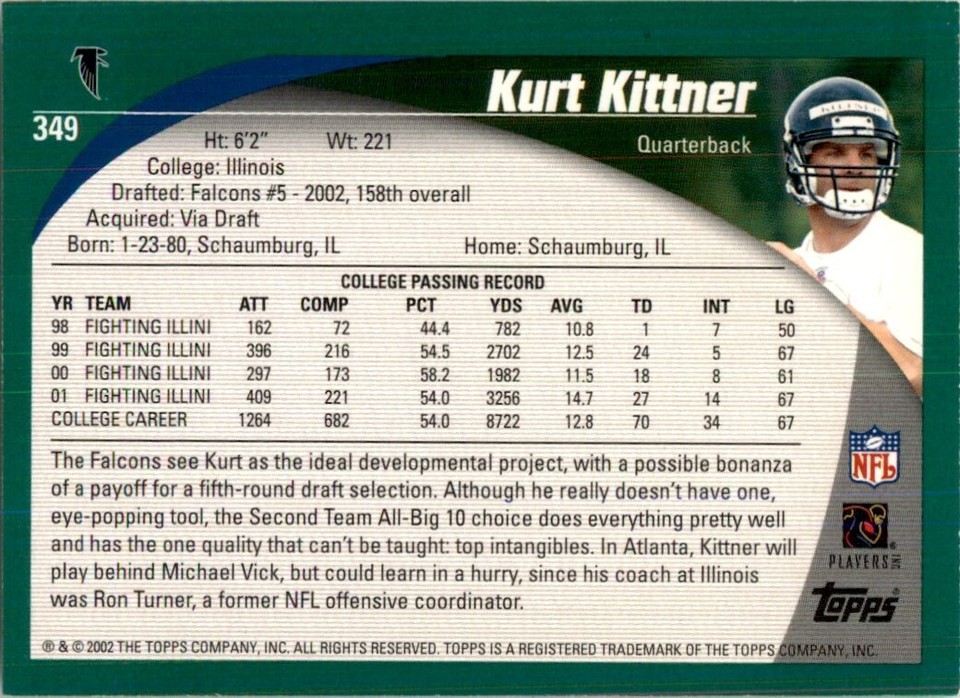 2002 Topps Kurt Kittner Rookie Atlanta Falcons #349 NFL Football Sports ...