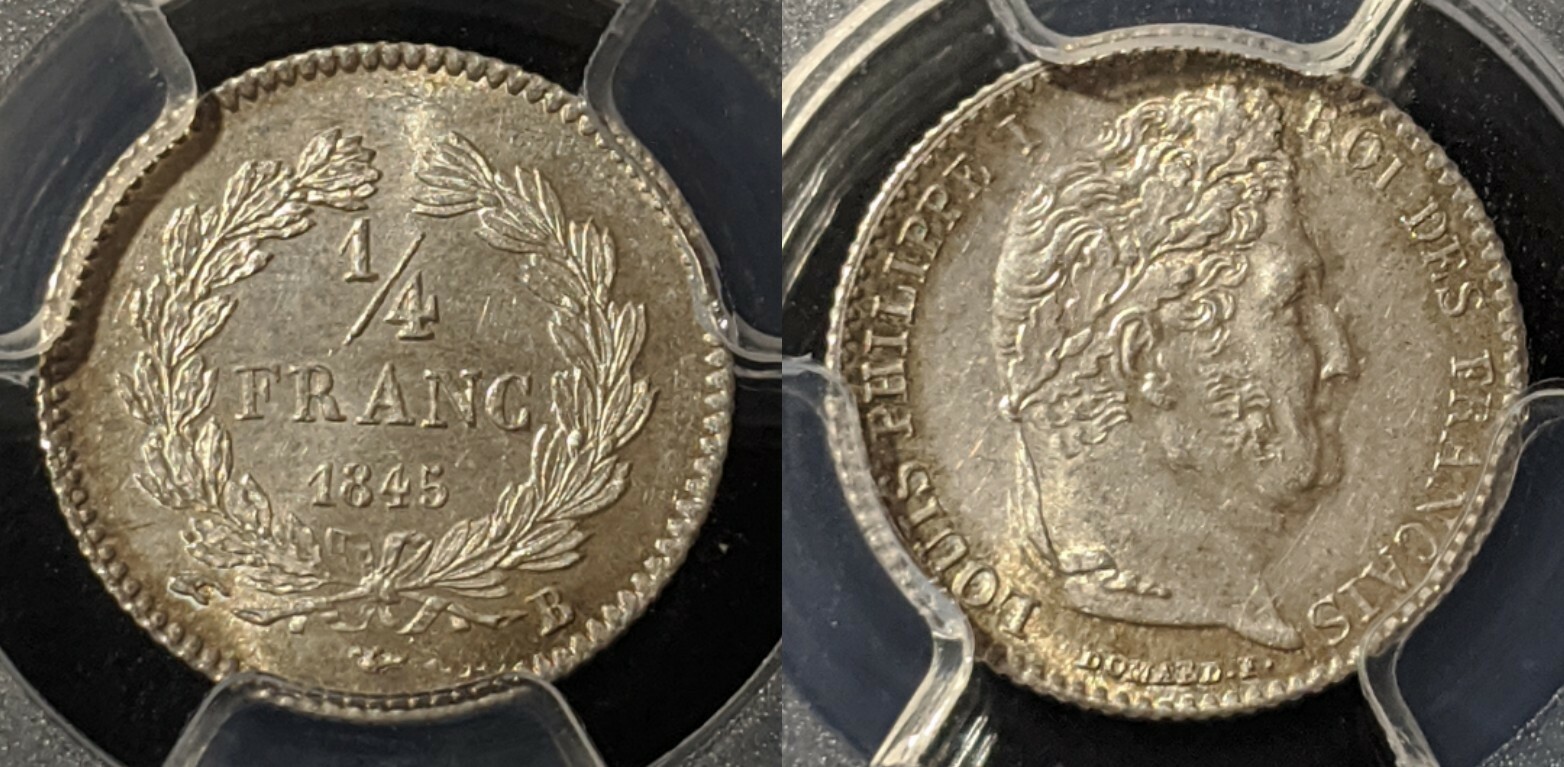France 1845-B 1/4 franc PCGS MS64 Gem Unc KM# 740.2 Gad-335 F-166 #1083 ...