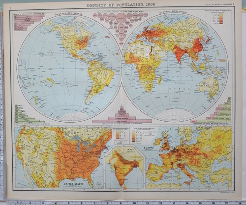 1906 MAP DENSITY OF POPULATION WORLD UNITED STATES INDIA WESTERN ...