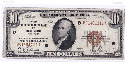 1929 $10 NEW YORK New York NY Federal Reserve Bank FRB Brown National Currency | eBay