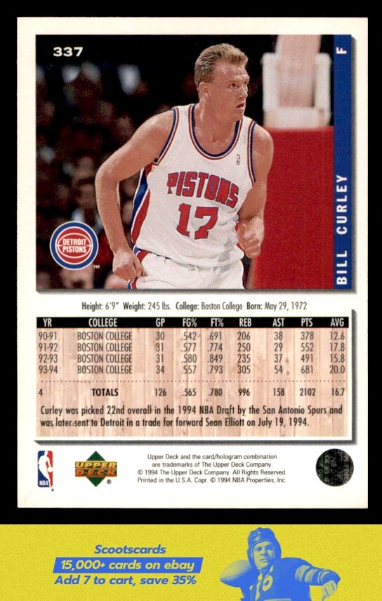 1994-95 Collector's Choice Bill Curley Silver Signature #337 Detroit ...