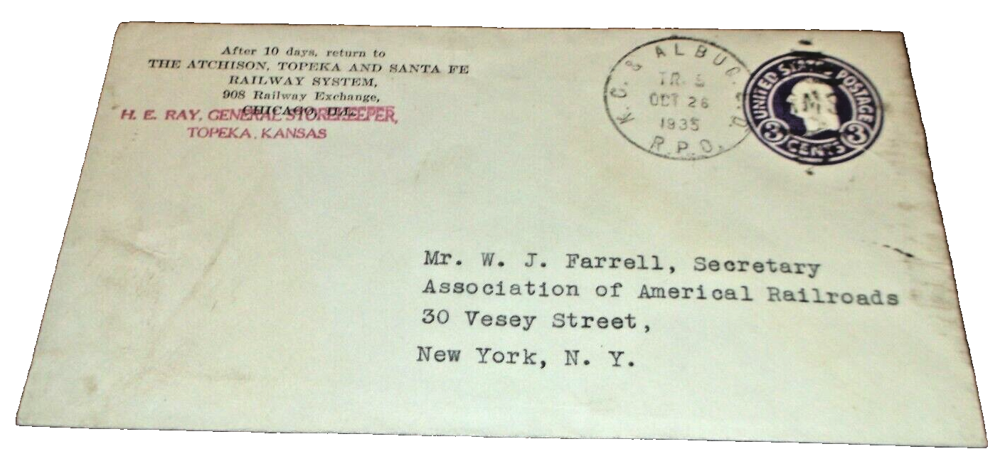 1935 ATSF SANTA FE COMPANY ENVELOPE KANSAS CITY & ALBUQUERQUE RPO TRAIN ...