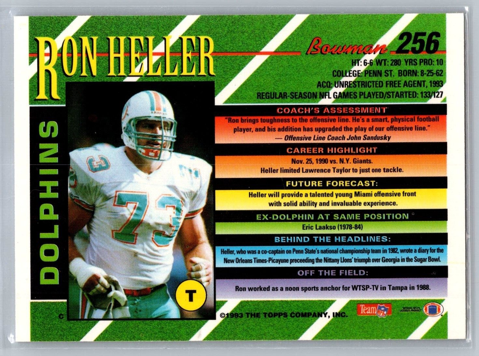1993 TOPPS BOWMAN CARD # 256 Ron Heller - Miami Dolphins | eBay