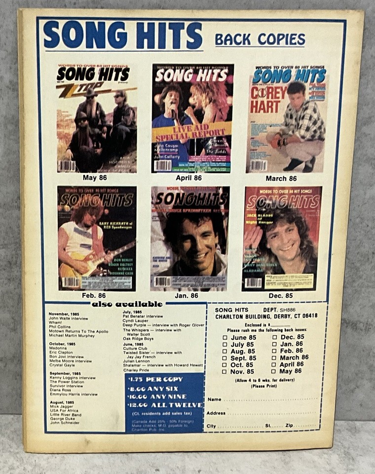 Song Hits Magazine Aug 1986 Van Halen Peter Frampton Charlie Daniels | eBay