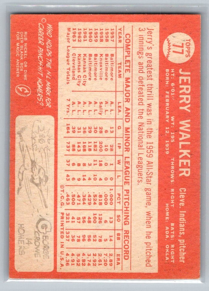 1964 Jerry Walker Topps #77 Cleveland Indians Baseball 64-TBBC | eBay