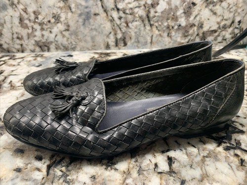 Cappagallo Flats Shoes Black Leather Weave Tassel Slip-On Loafers Women ...