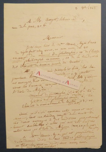 L.A.S 1845 Charles Auguste MALLET Professeur philosophie au libraire ...