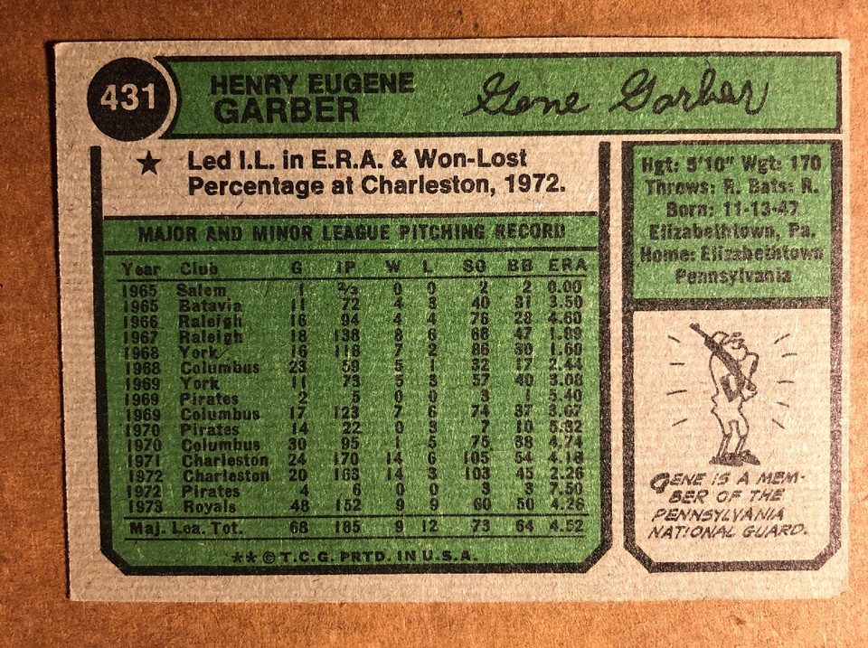 1974 Topps Card #431, Gene Garber, NM, (BIGJ’S), Kansas City Royals | eBay
