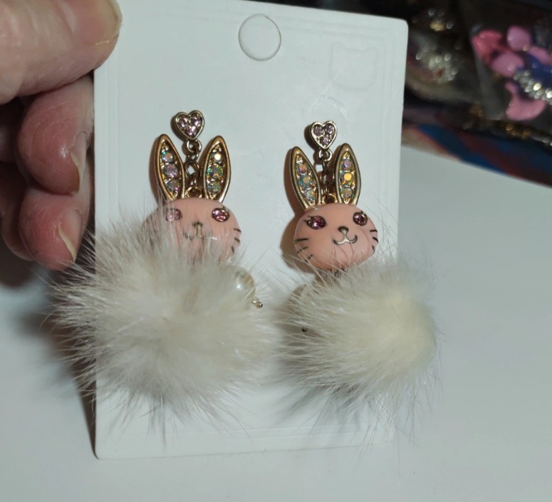 Pink Bunny Rabbit Fluffy Dangle Earrings By Designer Anna Sui Stamped ...
