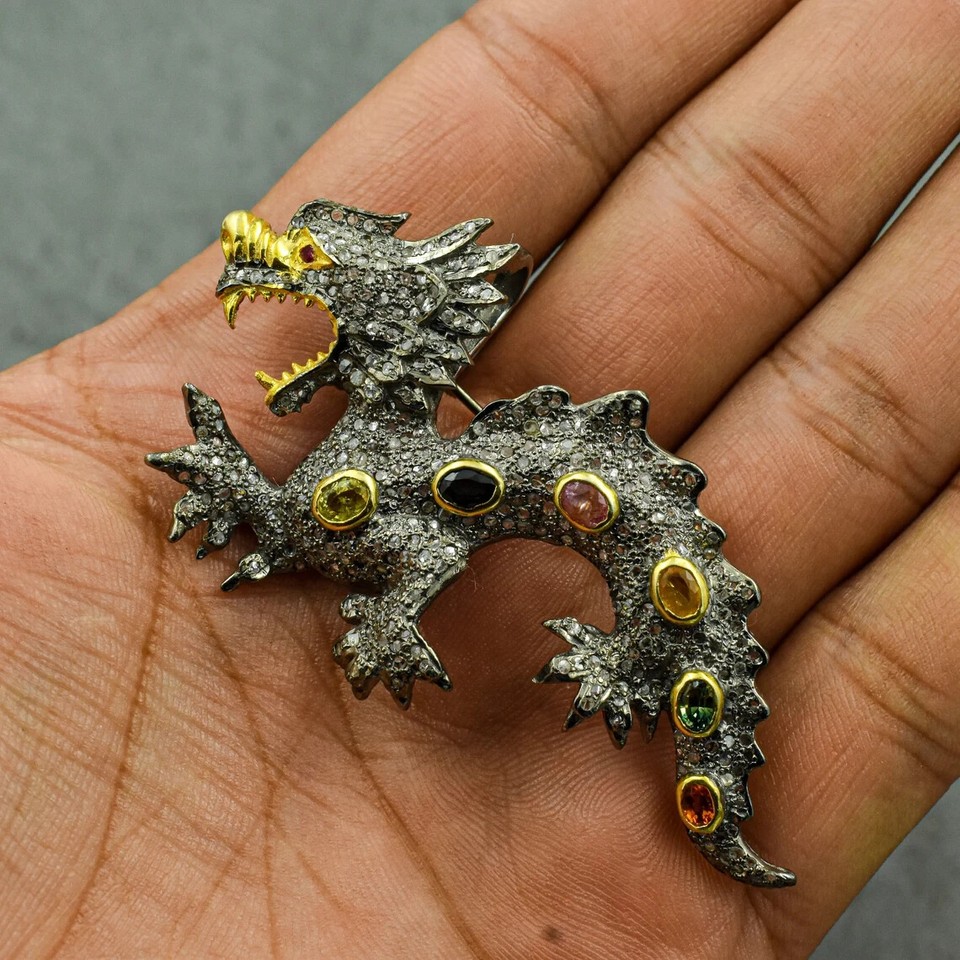 Multi Tourmaline Pave Diamond Dragon Brooch,925Sterling Silver,Dragon ...