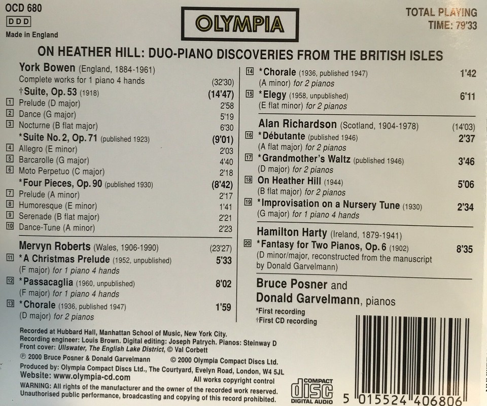 Bruce Posner, Donald Garvelmann : On Heather Hill (CD, 2011 Olympia ...