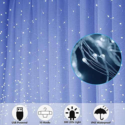 Ing Window Curtain String Lights 300 Led 8 Lighting Modes Fairy Copper ...