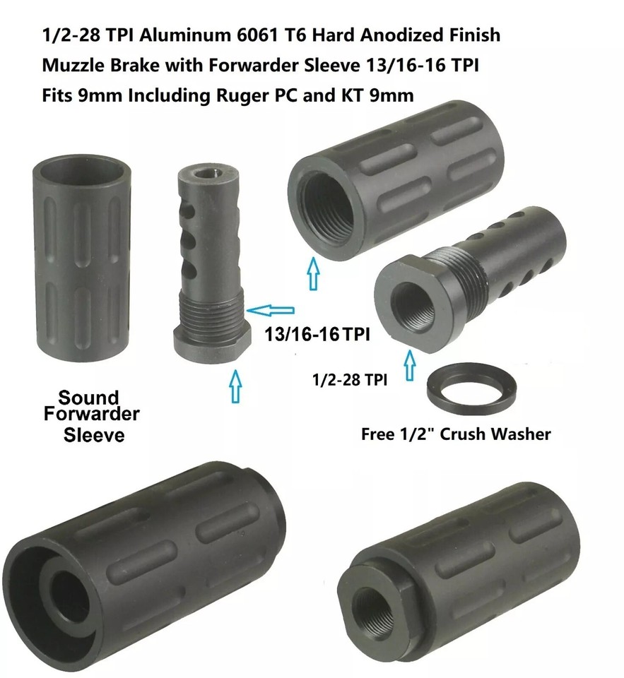 Muzzle Brake 1/2X28TPI For 9MM With 13/16X16 Sound Redirect Sleeve | eBay