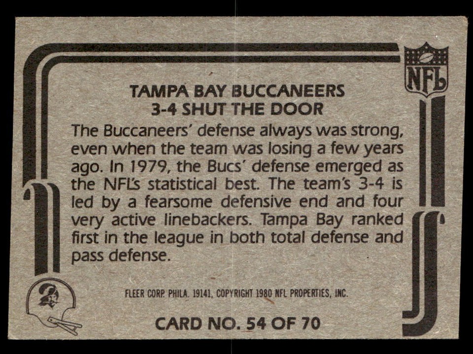 3-4 Shut The Door 1980 Fleer Team Action Card #54 Tampa Bay Buccaneers ...
