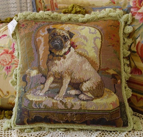 14" Antique Vivid Pug Hand Crafted Needlepoint Throw Pillow Cover ...