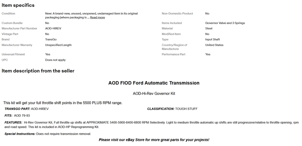 1980-UP AOD FIOD Ford Transmission High-Rev Governor Kit TransGo (AOD ...