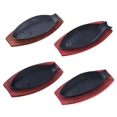 Griddle Steak Fry Plate BBQ Grill Pan Fish Shaped with Wooden Tray Cast ...