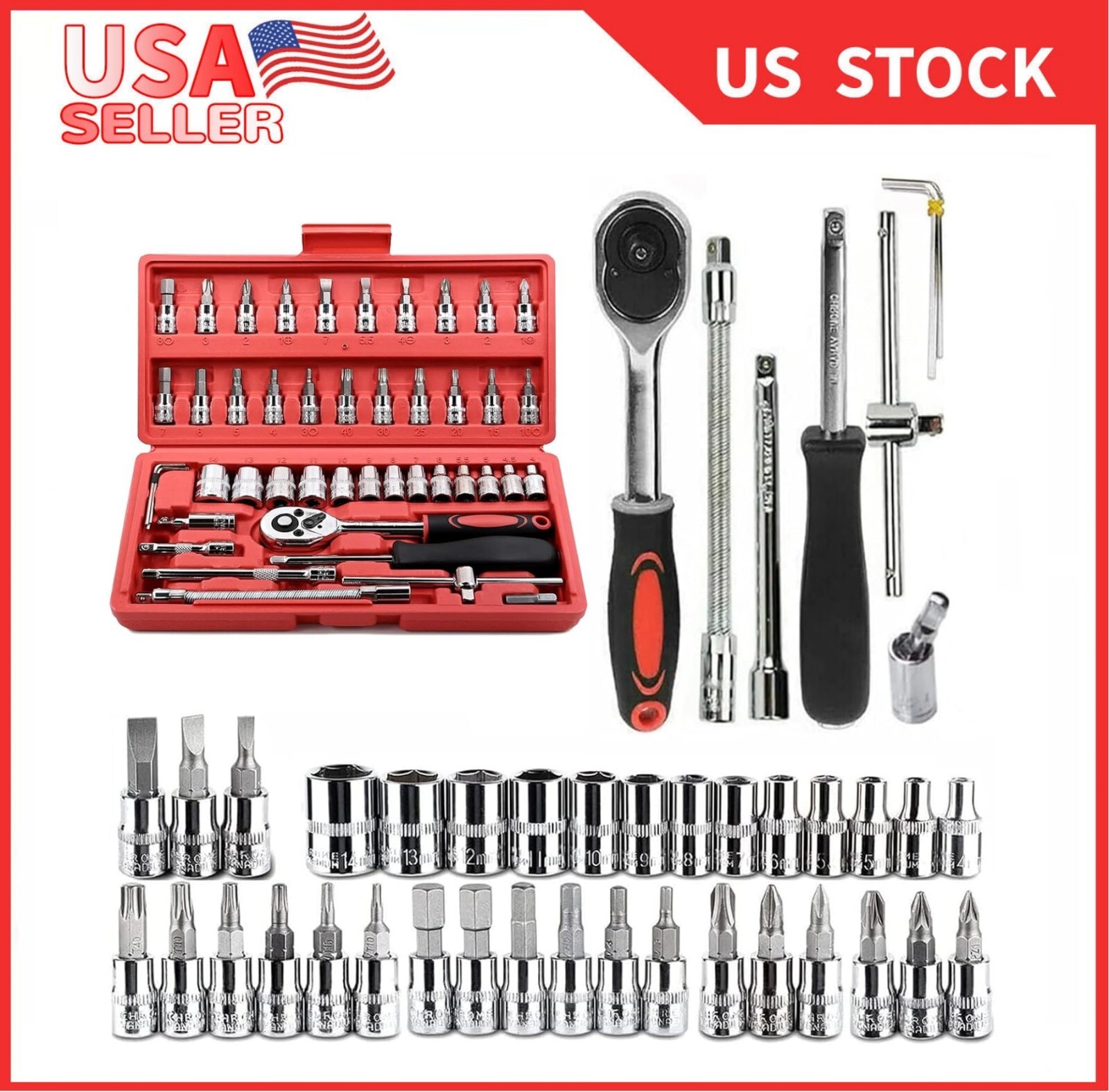 46Pcs Socket Set Car Repair Tool Ratchet Torque Wrench Kit 1/4" Drive ...