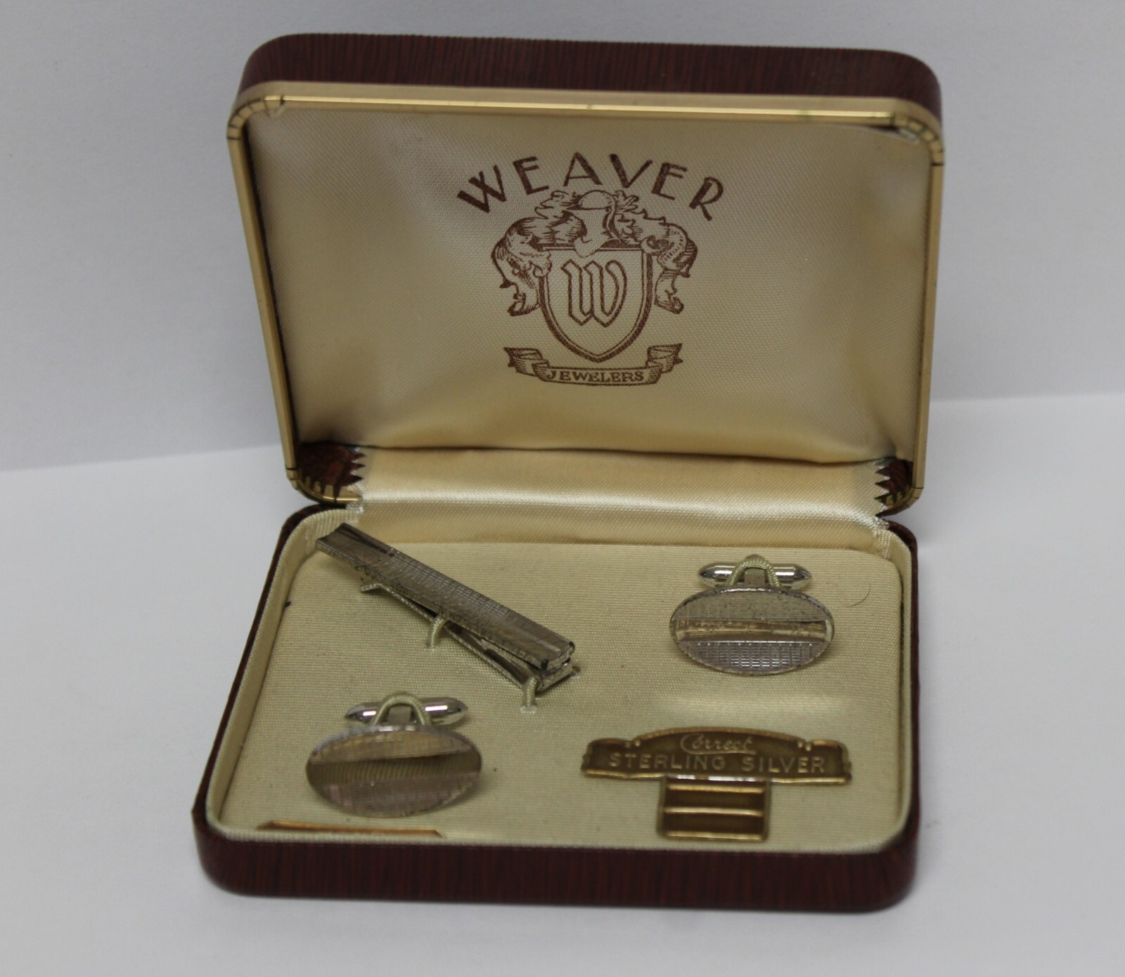 VINTAGE WEAVER STERLING SILVER CUFFLINKS AND TIE CLIP SET IN ORIGINAL ...