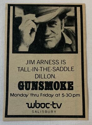 1975 small WBOC tv ad ~ GUNSMOKE Jim Arness Tall In The Saddle | eBay