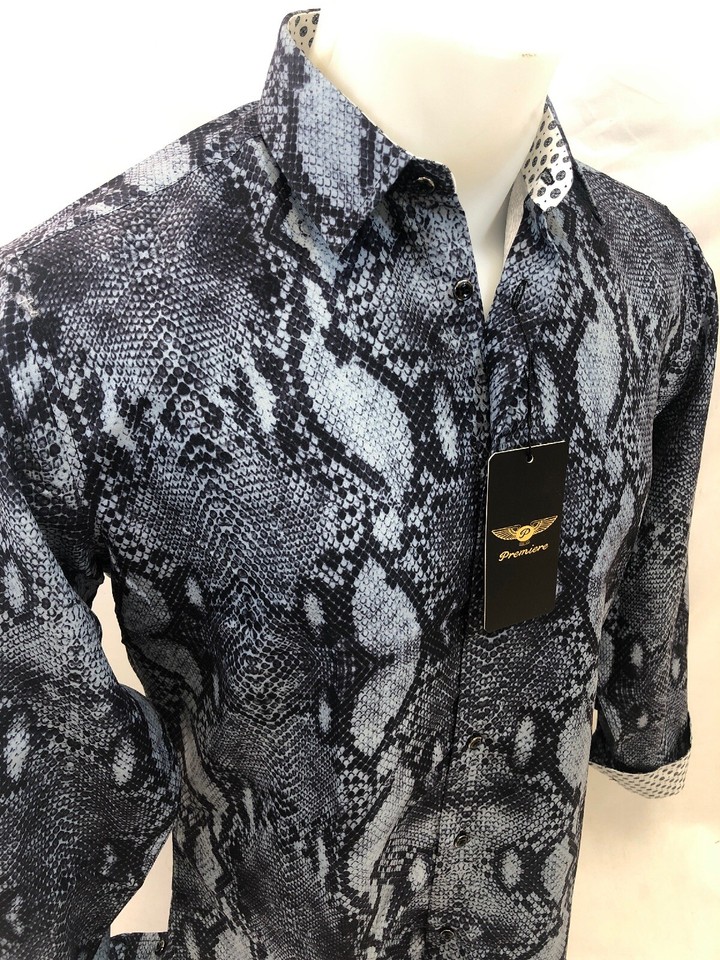 Men PREMIERE REPTILE SNAKESKIN Long Sleeve BUTTON UP Dress Shirt BLACK ...
