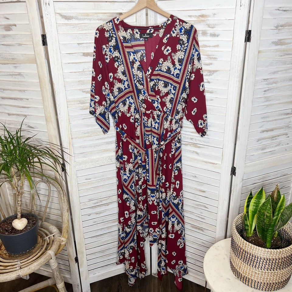 LULU'S Women's L Boho Babe Floral Handkerchief Hem Maxi Dress Belted ...