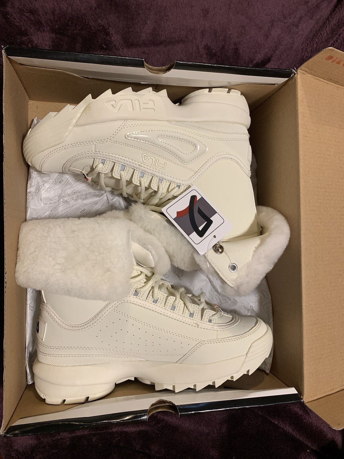 FILA DISRUPTOR BOOT FUR OFF WHITE IVORY LACE UP FUR LINING WOMENS BOOTS ...