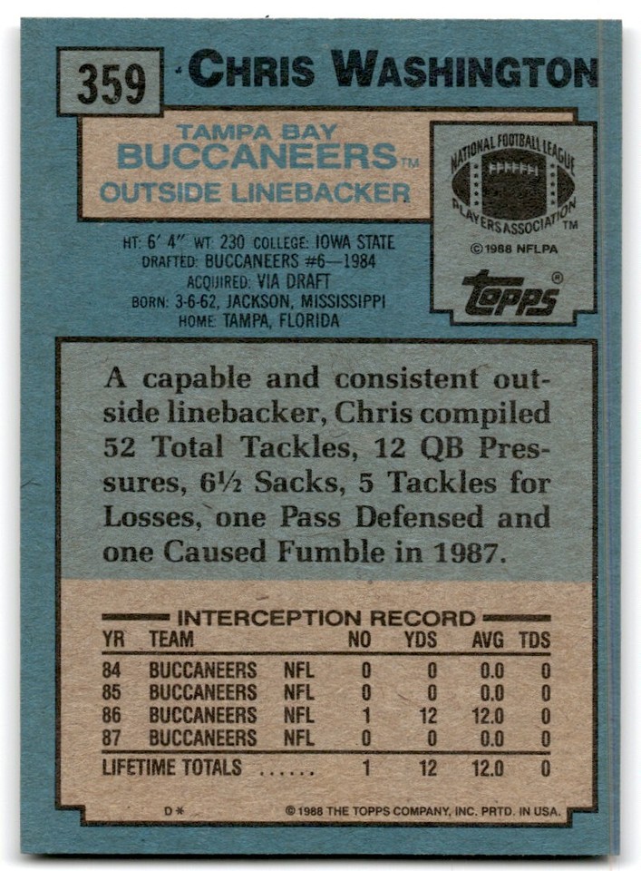 1988 Topps Chris Washington Football Cards #359 | eBay